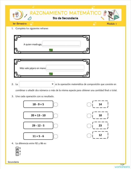 Suma Y Resta De Expresiones Algebraicas Ficha Interactiva Topworksheets