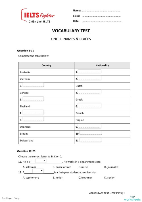 VOCAB TEST 1. UNIT 1. LISTENING. NAMES _ PLACES. Interactive worksheet ...