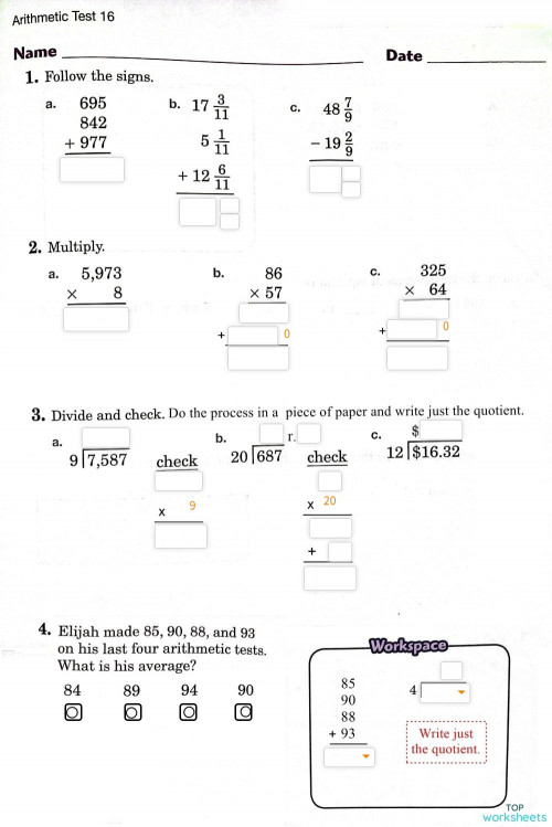 Math Test 16. Interactive worksheet | TopWorksheets