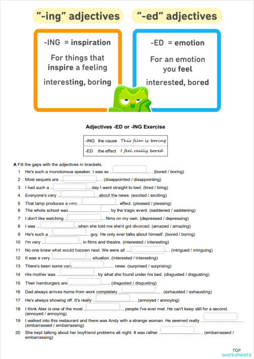 Adjectives ending in -ED and -ING. Interactive worksheet | TopWorksheets