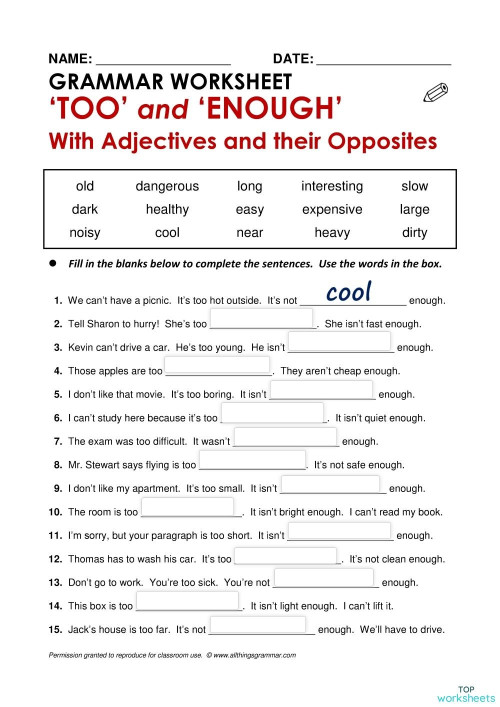 too-enough. Interactive worksheet | TopWorksheets