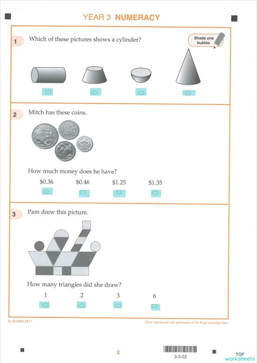 Year 3 Numeracy 2011 Naplan. Interactive worksheet | TopWorksheets