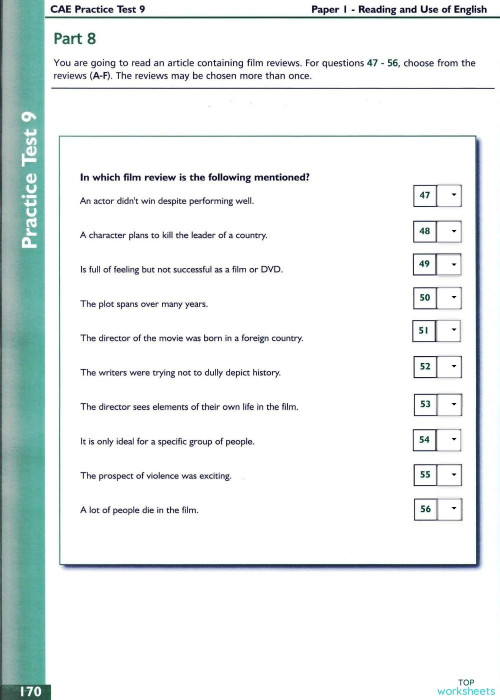 Reading and Use of English - PART 8. Interactive worksheet | TopWorksheets