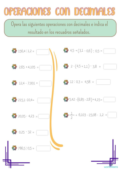Operaciones con decimales. Ficha interactiva | TopWorksheets