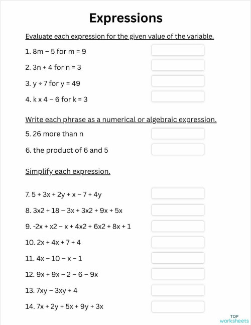 Expressions. Interactive worksheet | TopWorksheets