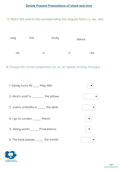 Simple Present Prepositions of place and time.. Interactive worksheet ...