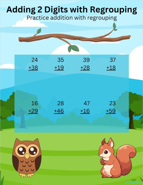 Adding 2 Digits with Regrouping. Interactive worksheet | TopWorksheets
