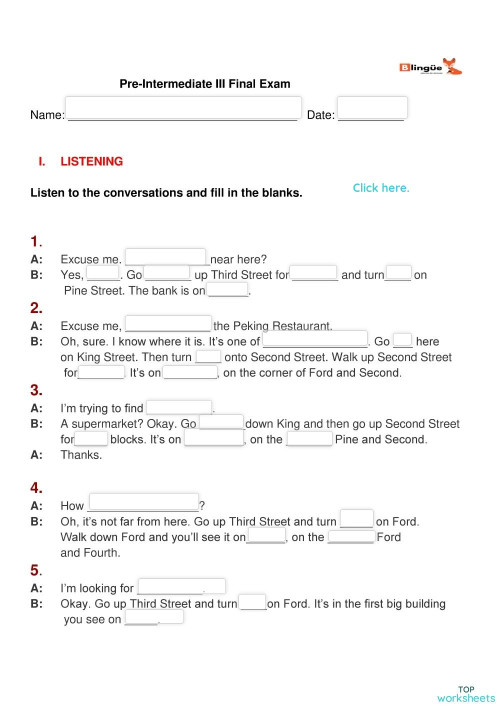 Pre-Intermediate III (FINAL EXAM). Interactive worksheet | TopWorksheets Pre-Intermediate III (FINAL EXAM). Interactive worksheet | TopWorksheets