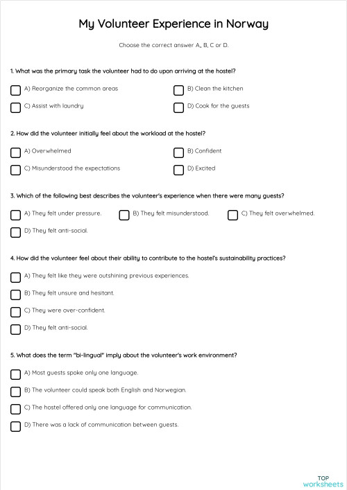 My Volunteering Experience in Norway. Interactive worksheet | TopWorksheets