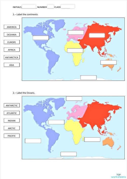 Continents and Oceans. Interactive worksheet | TopWorksheets