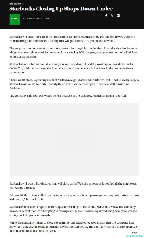 Starbucks Closing Up Shops Down Under. Interactive worksheet | TopWorksheets