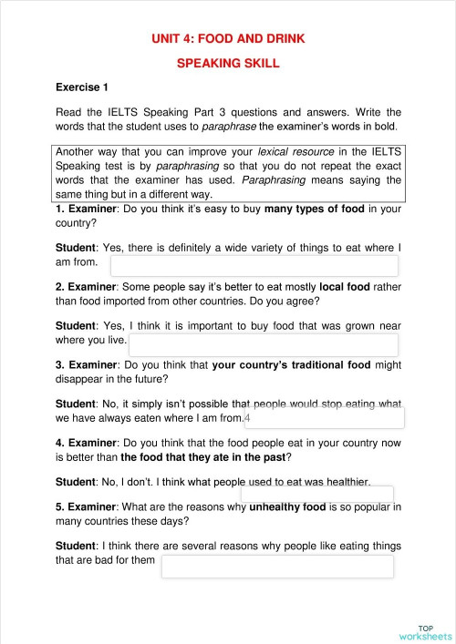 Unit 4 - Food & Drink - Speaking Skill. Interactive worksheet ...