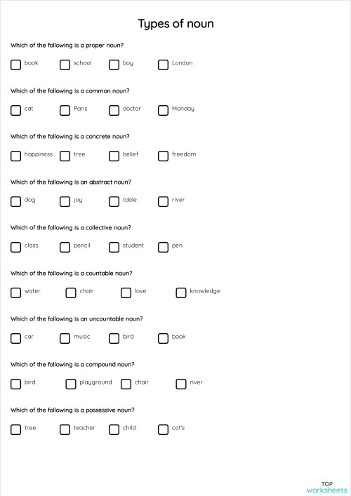 Types of noun. Interactive worksheet | TopWorksheets