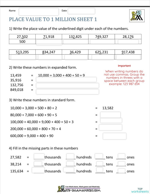 Place Value to 1 million Sheet 1. Interactive worksheet | TopWorksheets