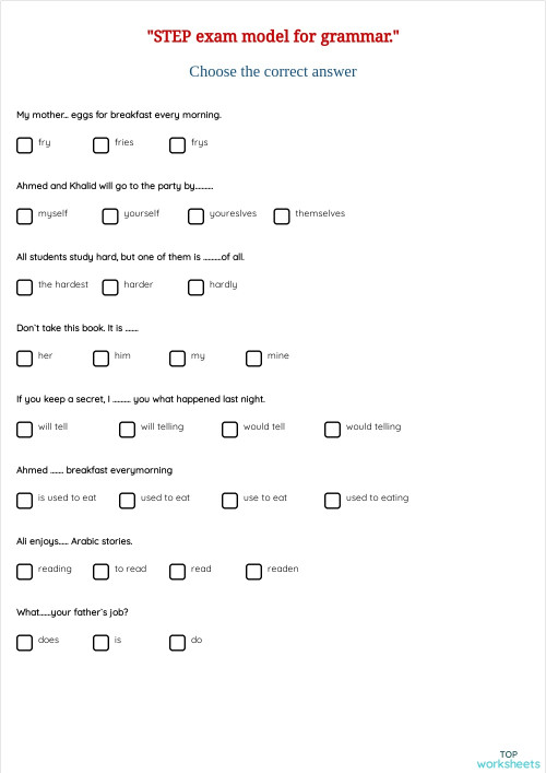 STEP exam model for grammar.. Interactive worksheet | TopWorksheets