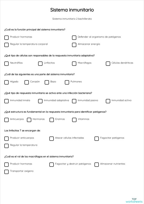 Sistema inmunitario. Ficha interactiva | TopWorksheets