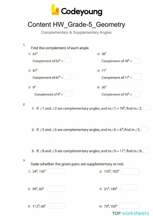 Content-HW-Complementary & Supplementary Angles. Interactive worksheet ...