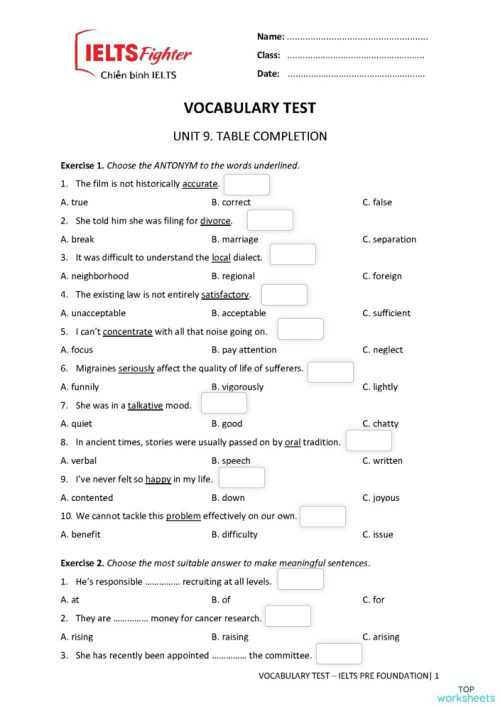 PREF_VOCAB TEST 9. Interactive worksheet | TopWorksheets