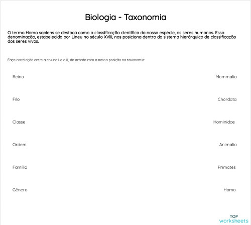Biologia - Taxonomia. Ficha interativa | TopWorksheets