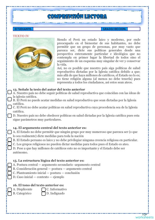 COMPRENSIÓN LECTORA. Ficha interactiva | TopWorksheets