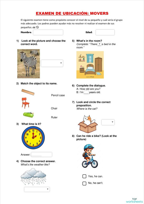 Examen de ubicación - movers. Interactive worksheet | TopWorksheets