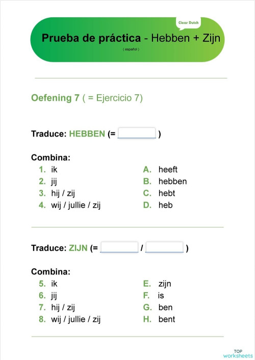 Prueba de práctica 7 (hebben & zijn). Ficha interactiva | TopWorksheets