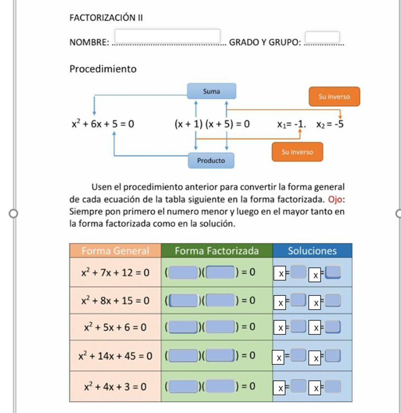 Factorización de ecuaciones cuadráticas. Ficha interactiva | TopWorksheets