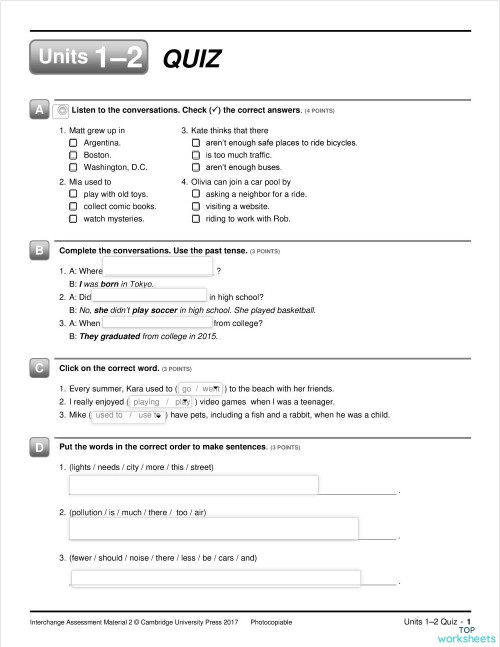 Units 1&2 QUiz (level 2). Interactive worksheet | TopWorksheets