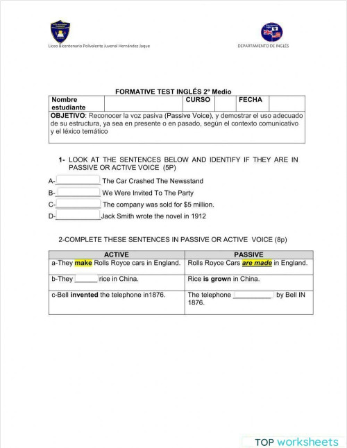 Formative test. Interactive worksheet | TopWorksheets