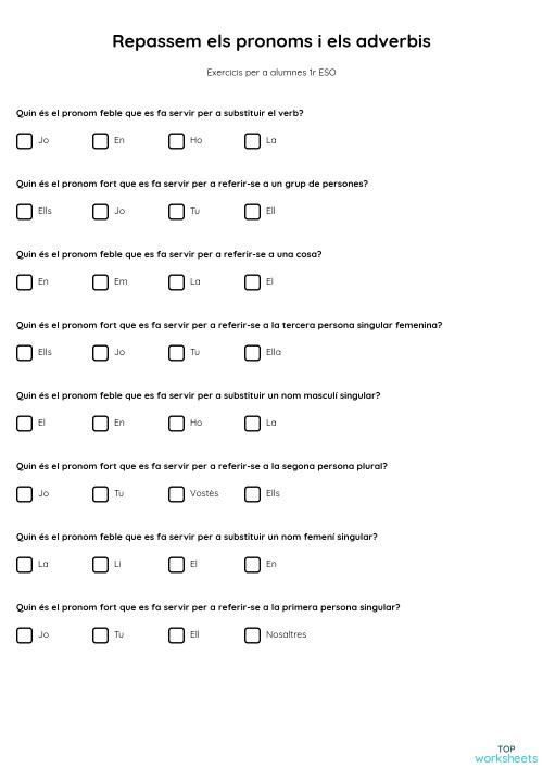 Repassem els pronoms i els adverbis. Fitxa interactiva | TopWorksheets