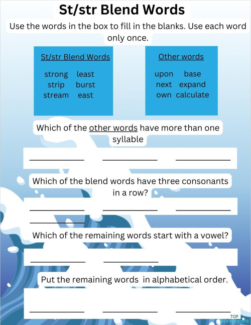 St/str Blend Words. Interactive worksheet | TopWorksheets