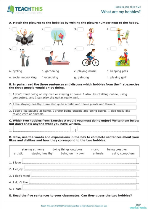 What are my hobbies?. Interactive worksheet | TopWorksheets