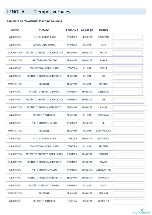 Lengua Tiempos verbales V. Ficha interactiva | TopWorksheets