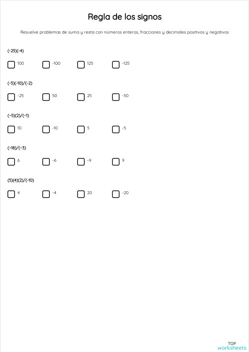 Regla de los signos. Ficha interactiva | TopWorksheets