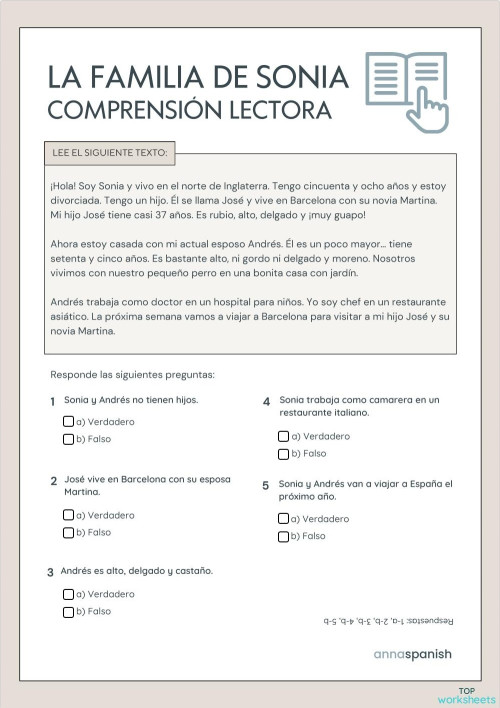 La Familia de Sonia Comprensión lectora. Ficha interactiva | TopWorksheets