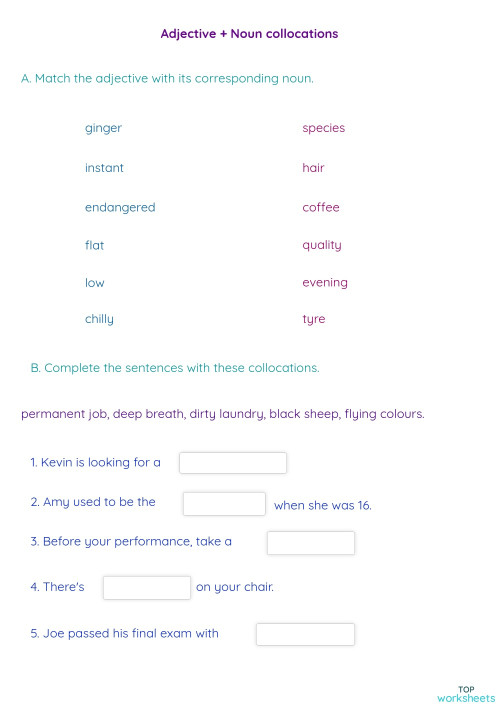 Adjective + Noun collocation. Interactive worksheet | TopWorksheets