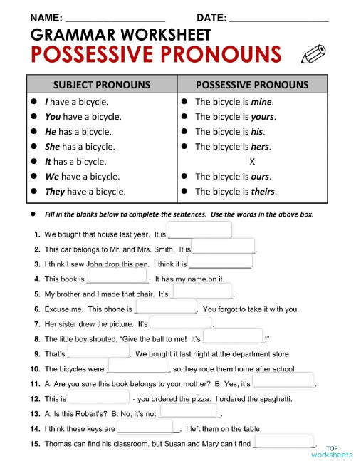 Possessive Pronouns. Interactive worksheet | TopWorksheets
