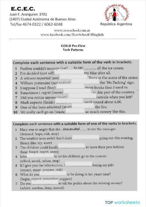 Verb Patterns. Interactive worksheet | TopWorksheets