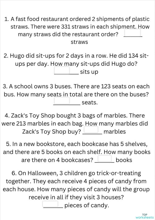 word problem on multiplication. Interactive worksheet | TopWorksheets