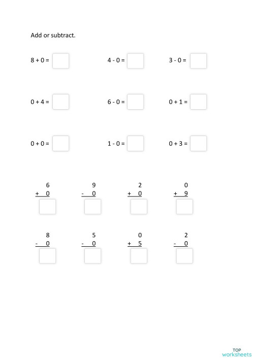 Adding and Subtracting Zero. Interactive worksheet | TopWorksheets