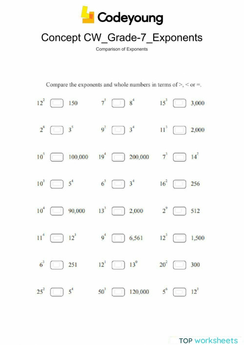 Comparison of Exponents Concept CW. Interactive worksheet | TopWorksheets