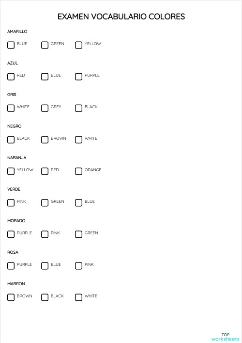 EXAMEN VOCABULARIO COLORES. Ficha interactiva | TopWorksheets