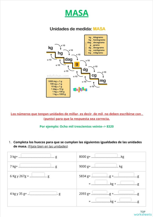 CONVERSIÓN UNIDADES DE MASA. Ficha interactiva | TopWorksheets