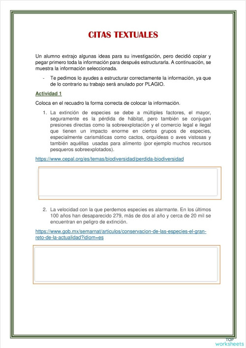 CITAS TEXTUALES. Ficha interactiva | TopWorksheets