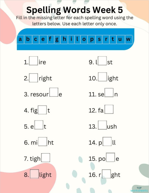 Spelling Words Week 5. Interactive worksheet | TopWorksheets