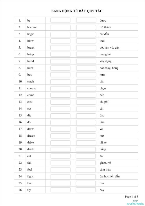 Bảng động từ bất quy tắc_Part 1 Part 3. Interactive worksheet ...