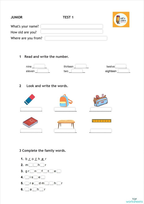 Test 1 Junior 2025. Interactive worksheet | TopWorksheets