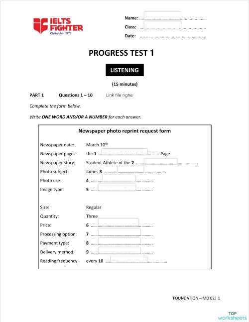 PROGRESS TEST 1 - FOUNDATION (MD2). Interactive worksheet | TopWorksheets