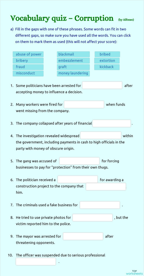 Vocabulary quiz – Corruption by Alfonso. Interactive worksheet ...