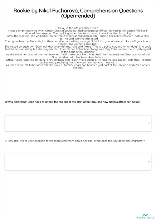 Rookie by Nikol Pucharová, Comprehension Questions (Open-ended ...